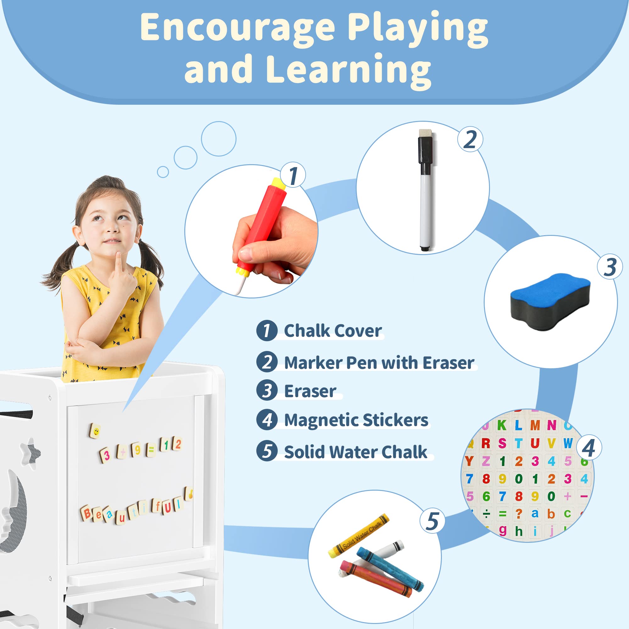 TOETOL Bamboo Toddler Kitchen Stool for Kids Step Stool - White Little Helper Tower Adjustable Height with Learning Black & White Activity Board1