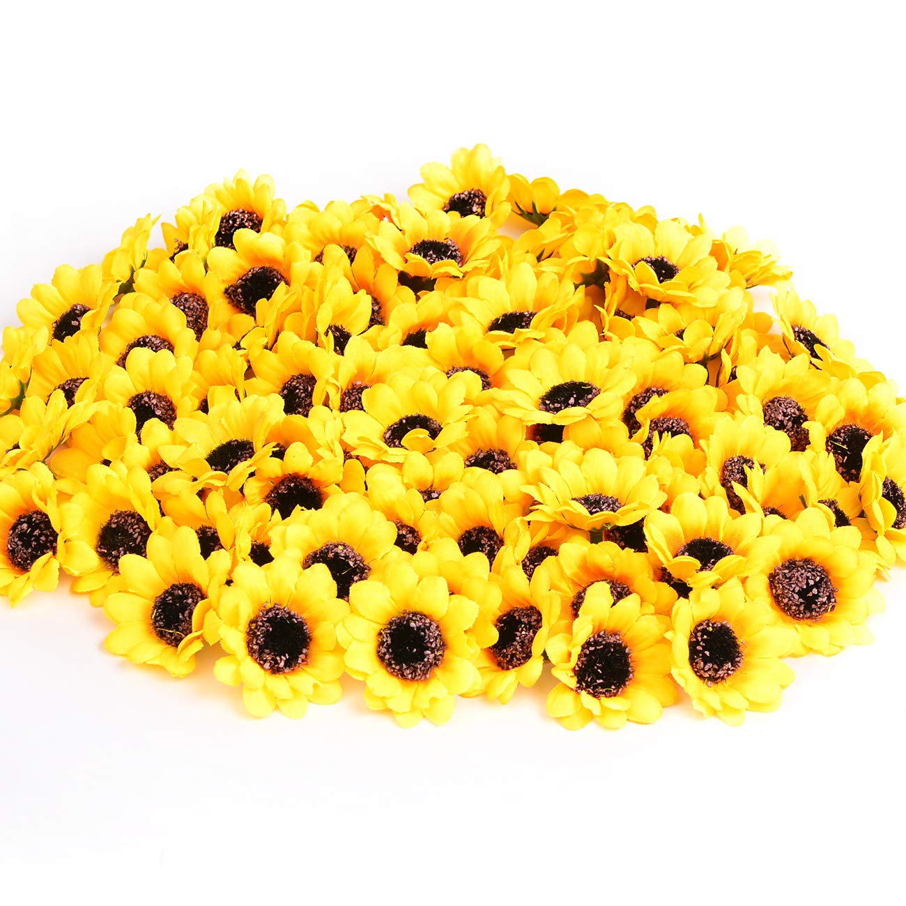 KINWELL 100pcs Mini Artificial Silk Yellow Sunflower Heads 1.8" Fabric Floral for Home Decoration Wedding Decor, Bride Holding Flowers,Garden Craft Art Decor