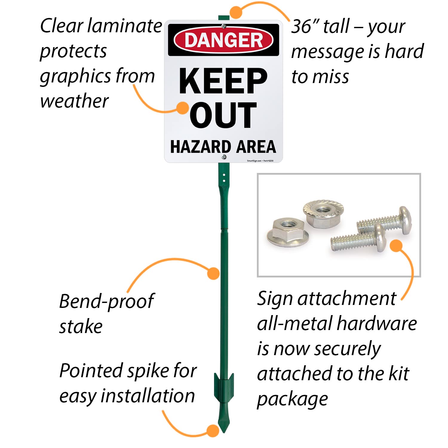SmartSign 12 x 10 inch “Danger - Keep Out, Hazard Area” LawnBoss Yard Sign with 3 foot Stake, 40 mil Laminated Rustproof Aluminum, Red, Black and White, Set of 1, Made in USA
