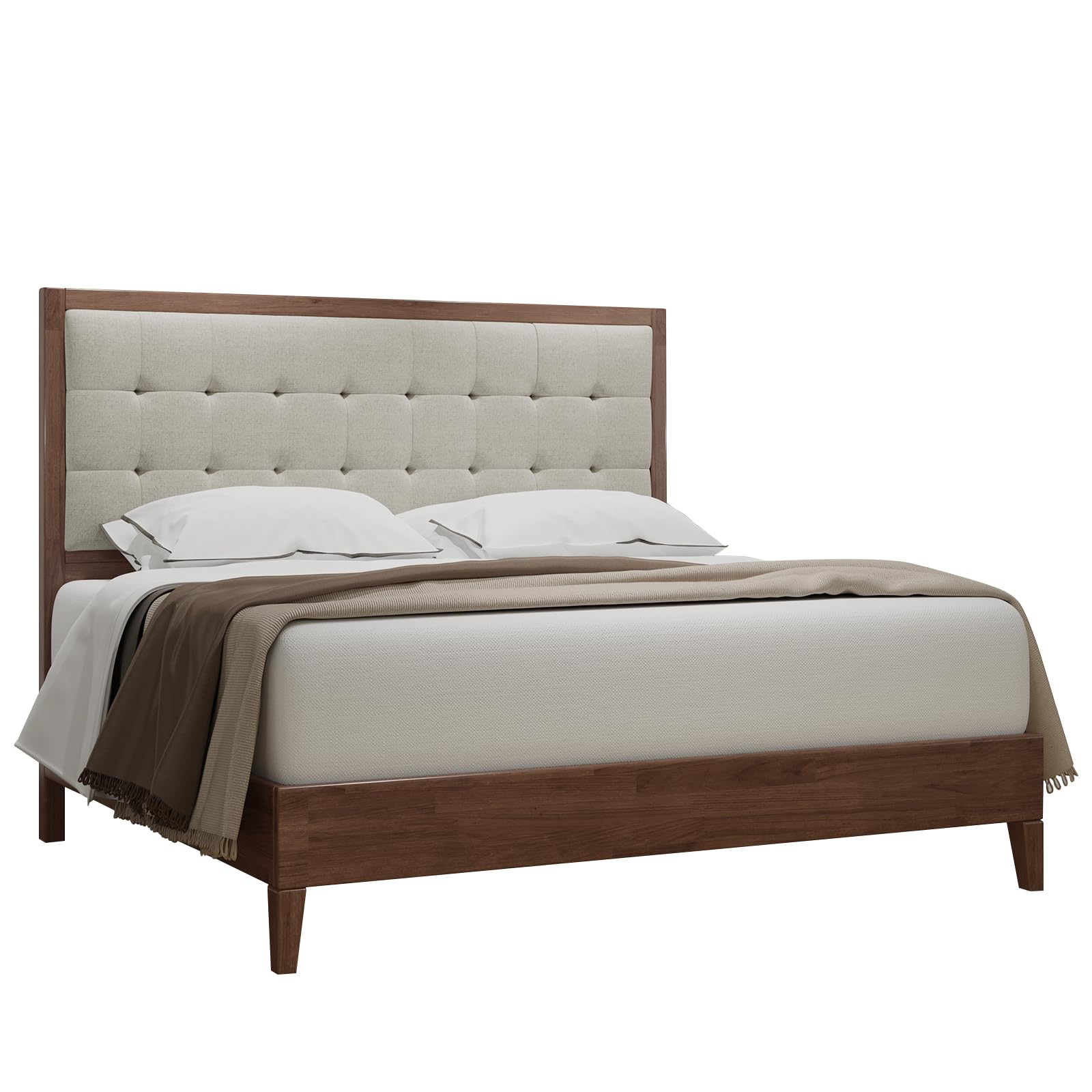 Jocisland Wood Platform Bed Frame Queen Size Upholstered Tufted Headboard/Solid Wood Be No Box Spring Needed,Walnut