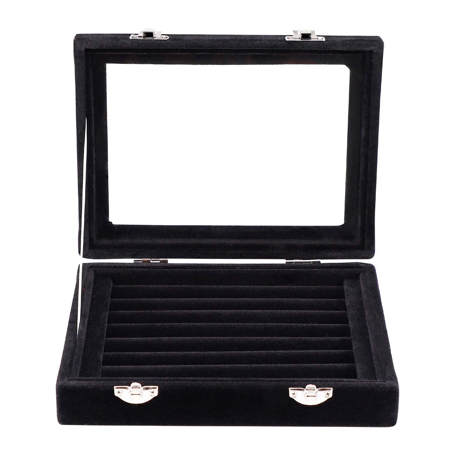 Basuwell Earring Storage 7 Slots Velvet Jewelry Tray for Drawers Glass Clear Lid Showcase Display Ring Organizer Earring Ring Trays Holder Cufflink Showcase-Black