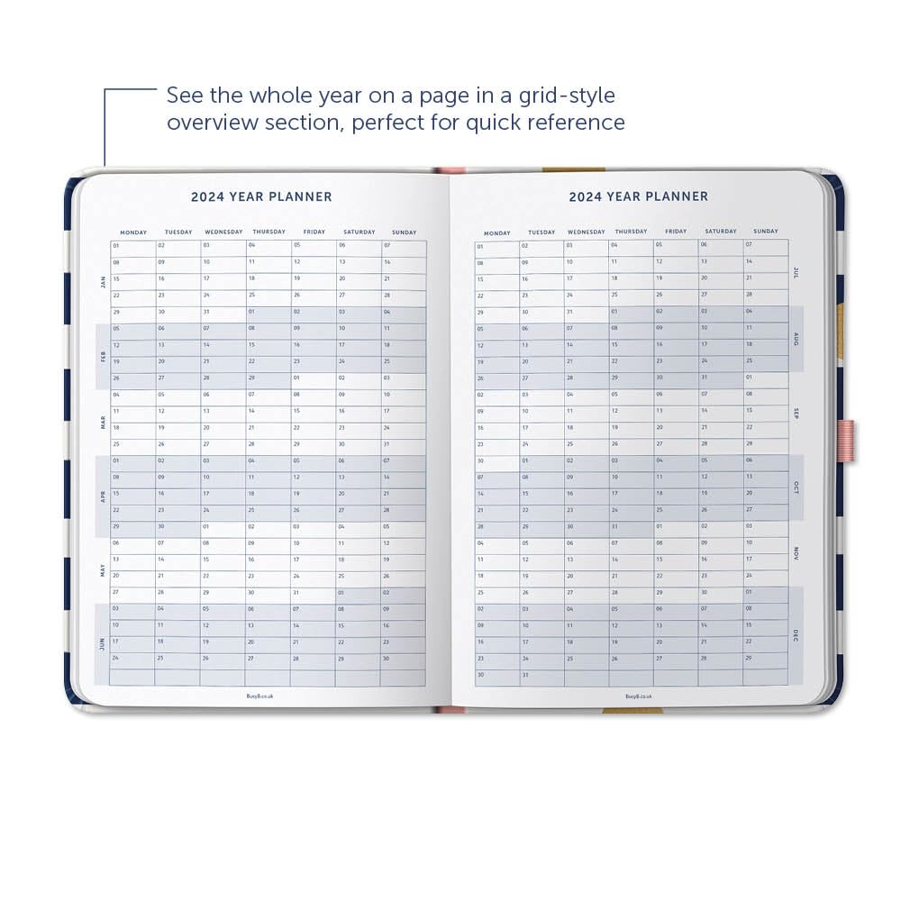 Busy B Day A Page Diary January to December 2024 - A5 Navy Stripe - Daily Planner with Lined Pages, Notes and Year Planner