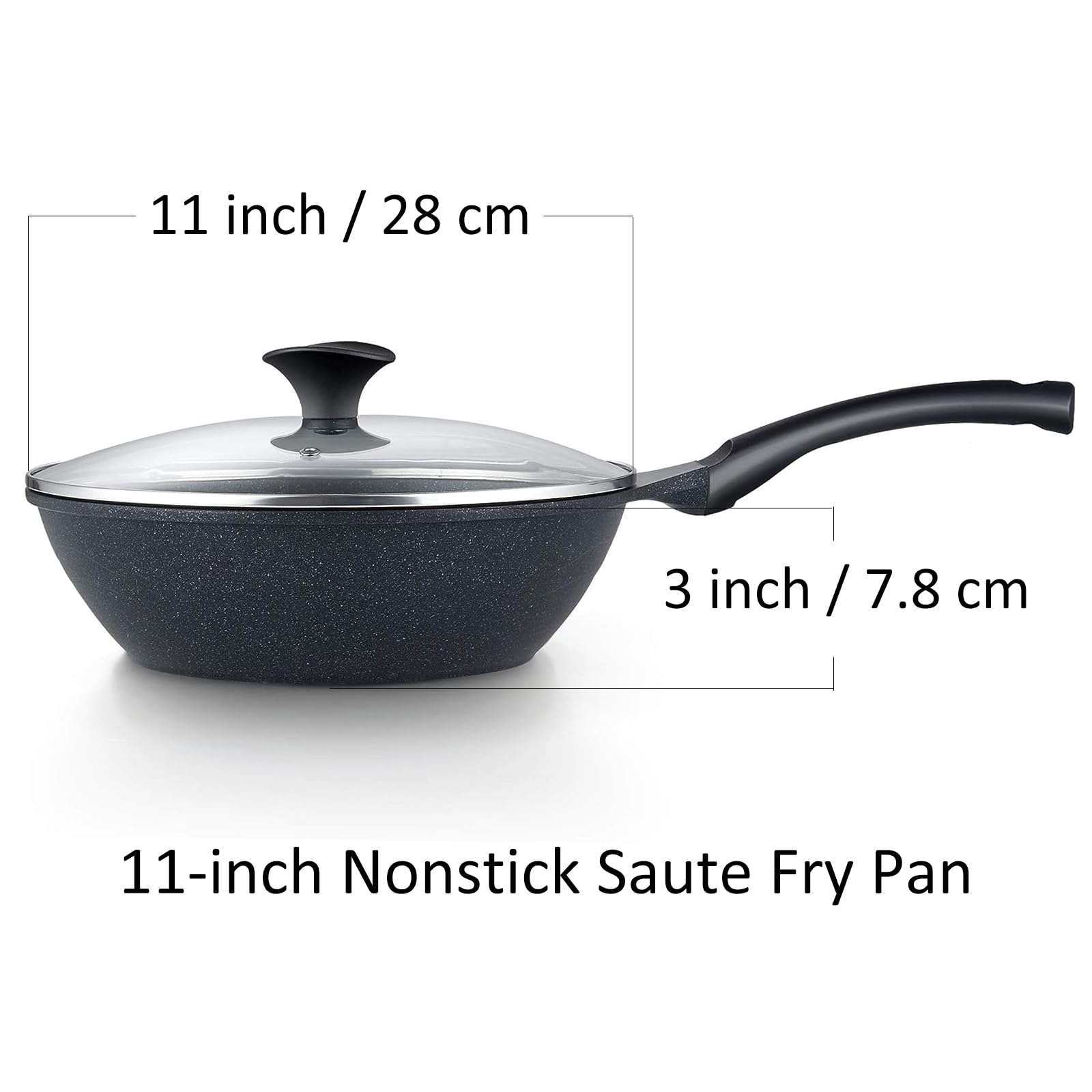 Cook N Home Nonstick Deep Frying Pan Saute Pan Skillet with Lid 11 Inch, Marble Wok Stir-Fry Pan Large Skillet Sauté Pan, Black