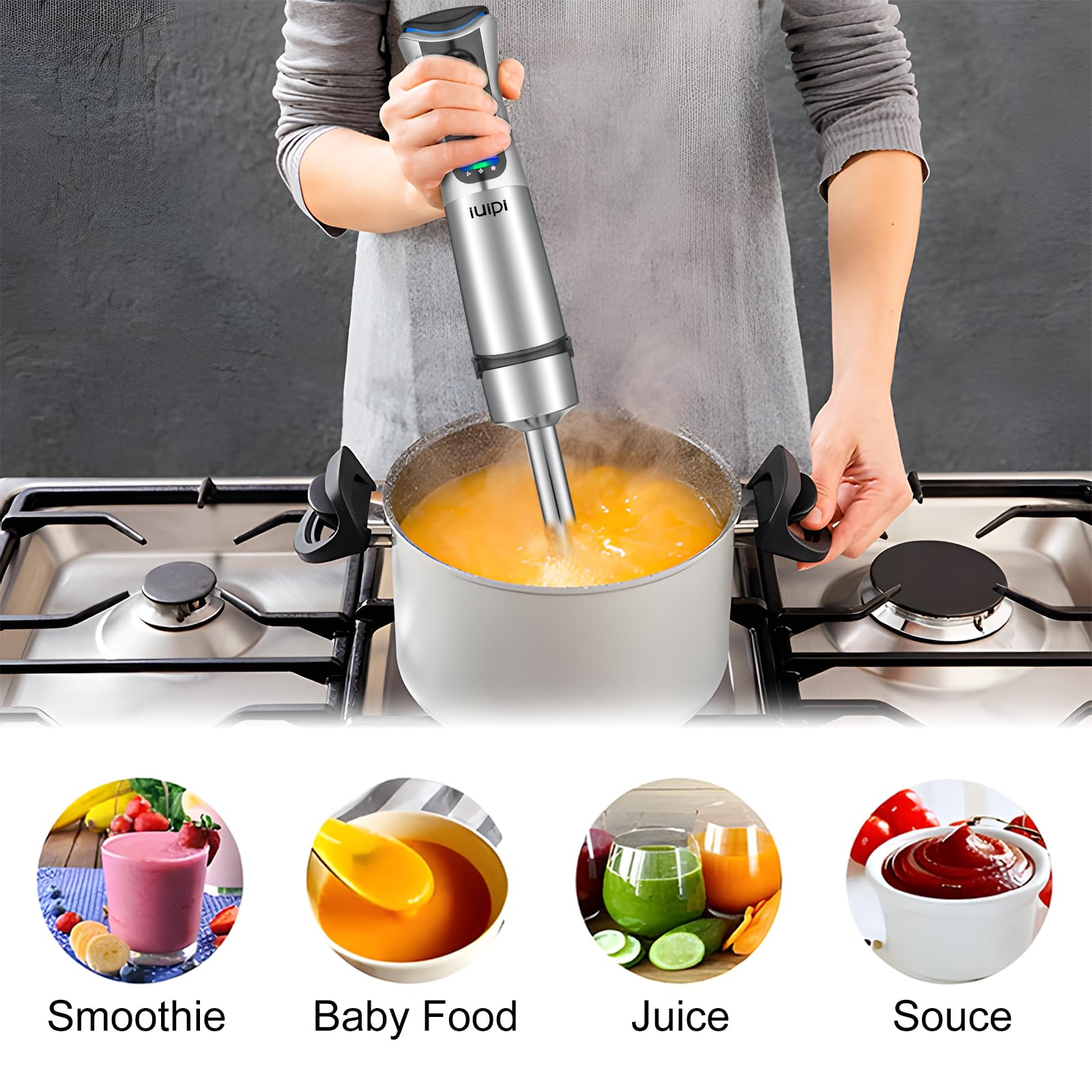 Cordless Immersion Blender, IUIPI Variable Speed Immersion Blender Handheld, Rechargeable Portable Stick Blender and 800ml Cup with 304 Stainless Steel Blade for Sauce, Soup, Smoothie, Baby Food