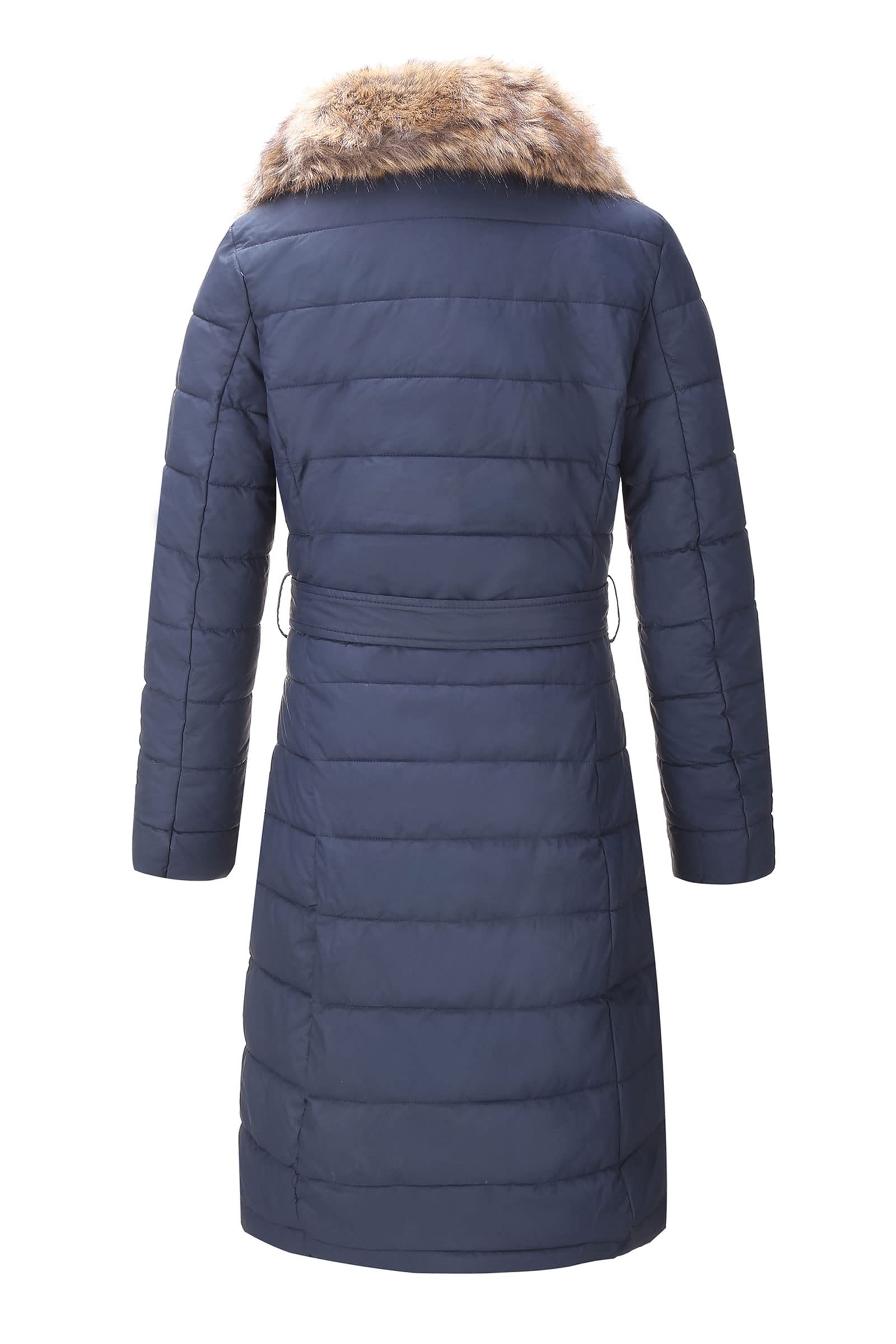 Bellivera Women's Winter Puffer Jacket Cold resistant patchwork plush lining Coat with Removable Fur Collar Hooded and Belted 5528BLUEL