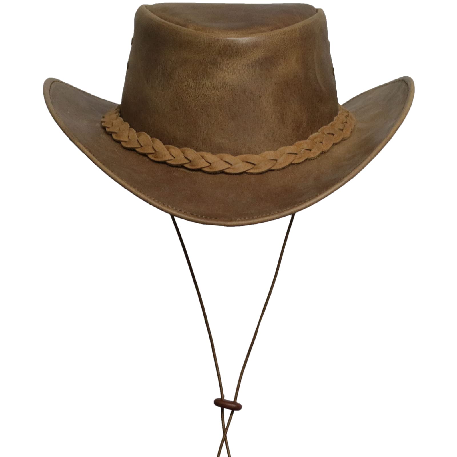BRANDSLOCK Cowboy Hat Leather Outback Sun Hat with Chin Cord (Tan, L)