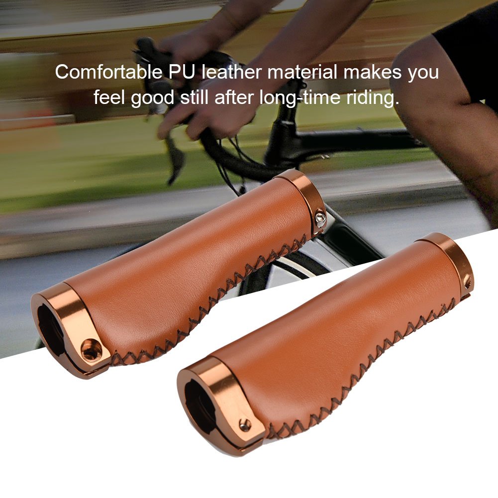 Bicycle Handle Grips, PU Leather Bicycle Grips Leather Handlebar Cover Grips for 7/8 Inch Handle Bars of Beach Cruiser Bikes, 1Pair(Brown)