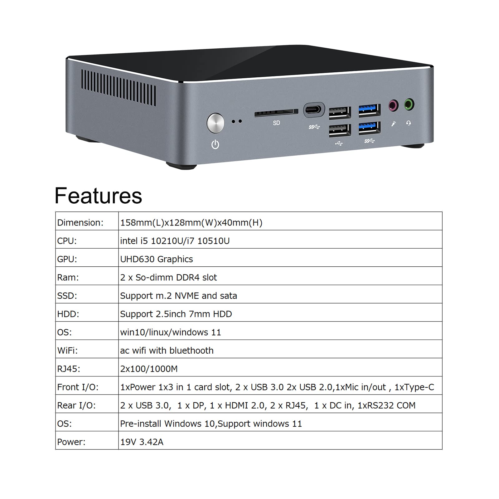 Charteey Mini PC Intel Core i7 10510U Windows 11Pro,16GB DDR4 (Max 64GB) 512G NVME SSD Mini Desktop Computer, Support 2.5inch HDD/SSD, WiFi5/BT 4.2,Dual Gigabit Ethernet,Support Auto Power on