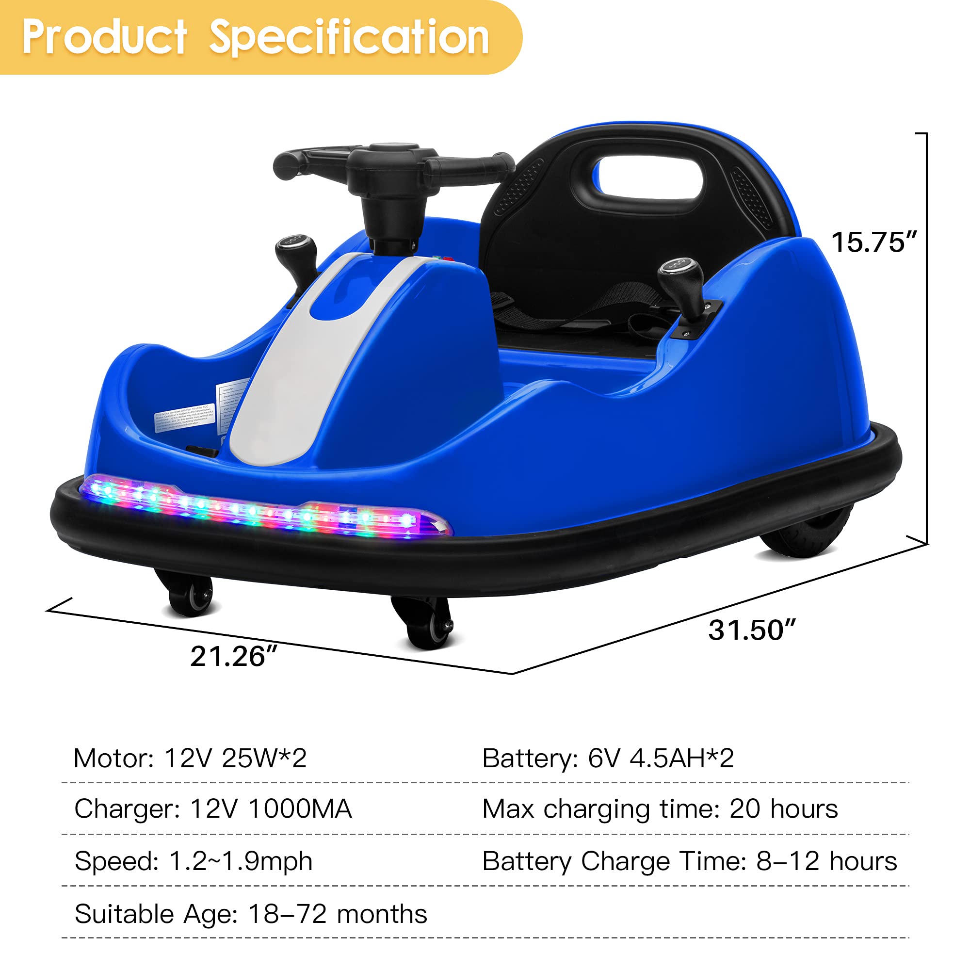 Kidzone 12V 2 Driving Mode (Steering Wheel/Joystick) Ride On Bumper Car for Kids & Toddlers 1.5-6 Year Old DIY Sticker Baby Bumping Toy Gifts W/Remote Control LED Lights, 360 Degree Spin