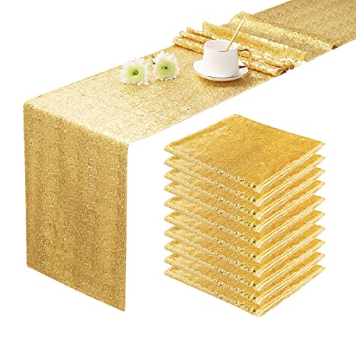 OQSC Gold Table Runners - Sequin Table Runner Glitter Table Runner for Birthday Party Supplies, 10 Pcs, Gold