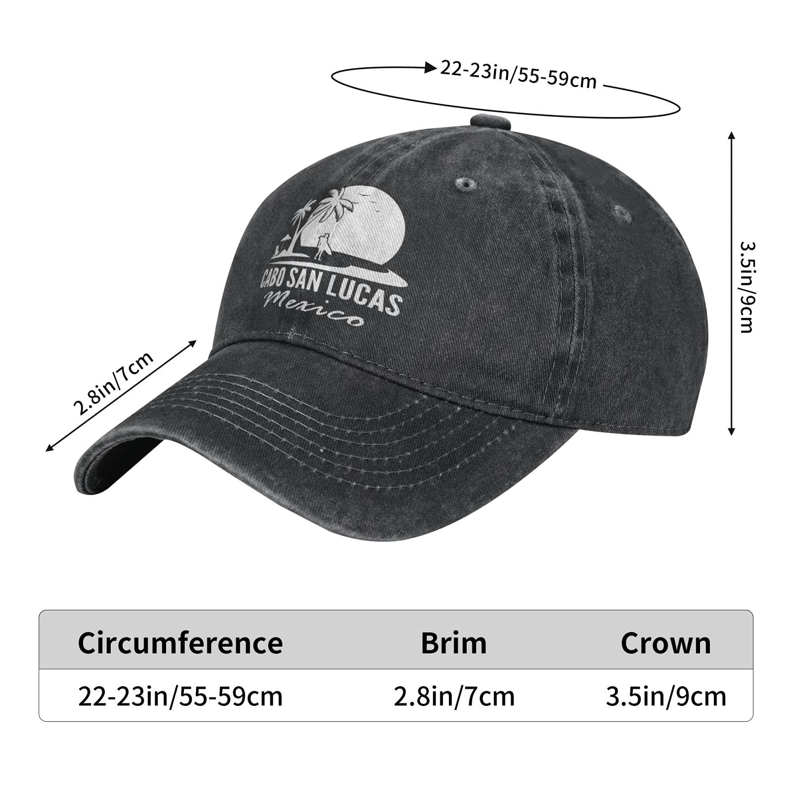 Cabo San Lucas Mexico Beach Sunset Palm Trees Ocean Surfer Denim Hats Trucker Baseball Adjustable Hat for Adult (Black)