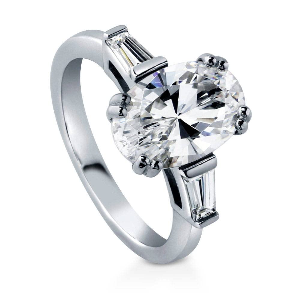 BERRICLE Sterling Silver 3-Stone Wedding Engagement Rings Oval Cut Cubic Zirconia CZ Anniversary Ring for Women, Rhodium Plated Size 9