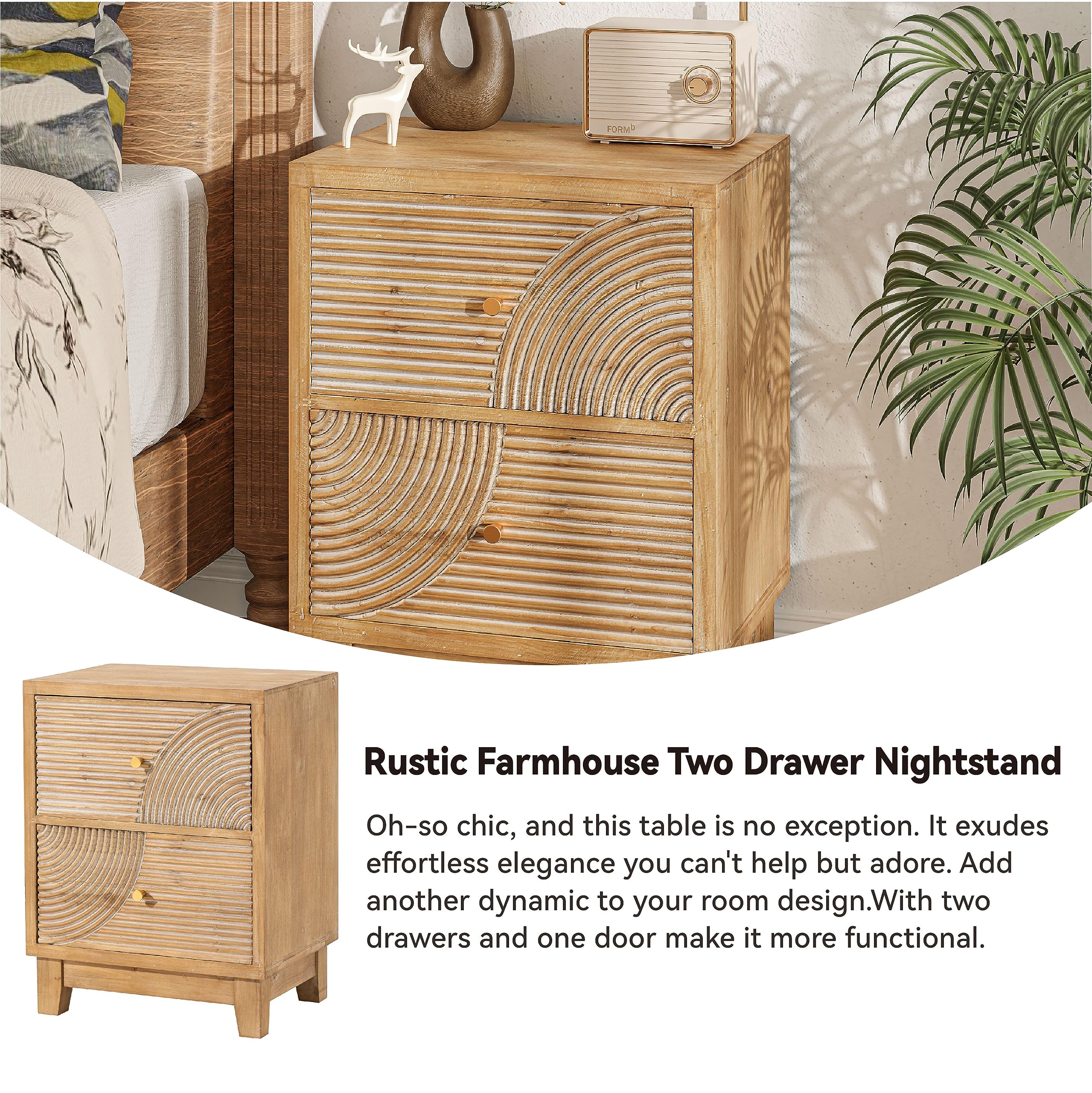 COZAYH 2-Drawer Farmhouse Nightstand, Mid Century Nightstand Fully Assembled with Handcrafted Wood Ring Pattern for Boho, Mid-Century, Rustic Style, Natural Wood