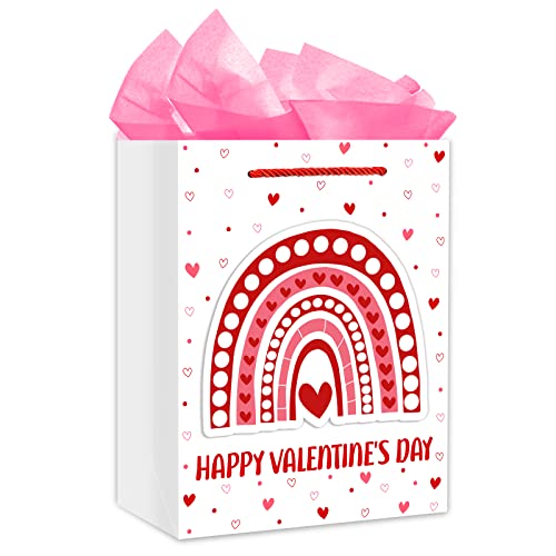 FaCraft Happy Valentines Day Gift Bag with Handle Large Rainbow Valentines Gift Bag with Tissue Paper,Love Heart Romantic Valentines Gift Bags for Her Him Men Girlfriend Boyfriend Husband Wife