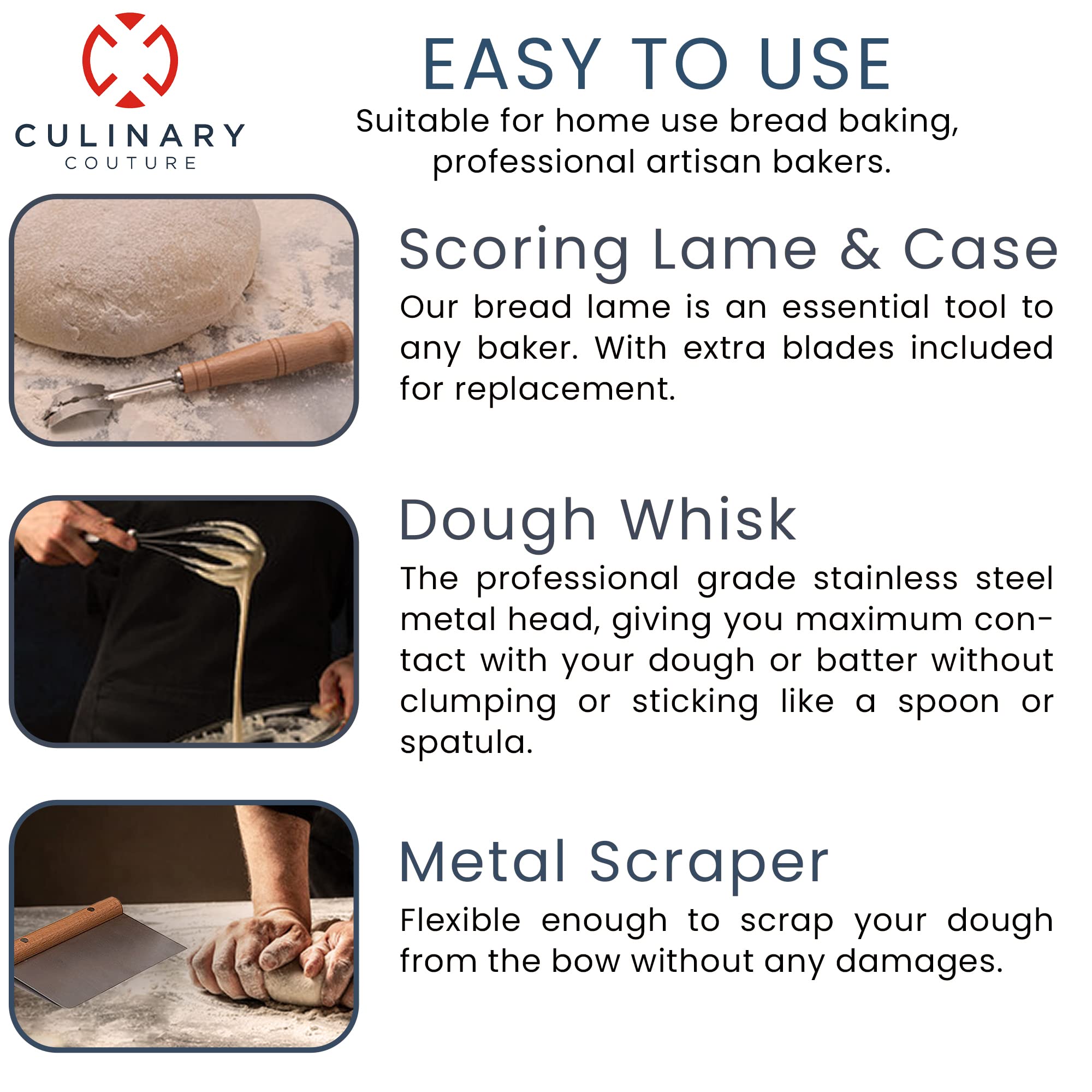 Culinary Couture Proofing Basket Set - Includes 2 Rattan Banneton Baskets & Linen Liners, Metal Scraper, Plastic Scraper, Scoring Lame, Dough Whisk, 5 Blades with Case - Complete Sourdough Starter Kit