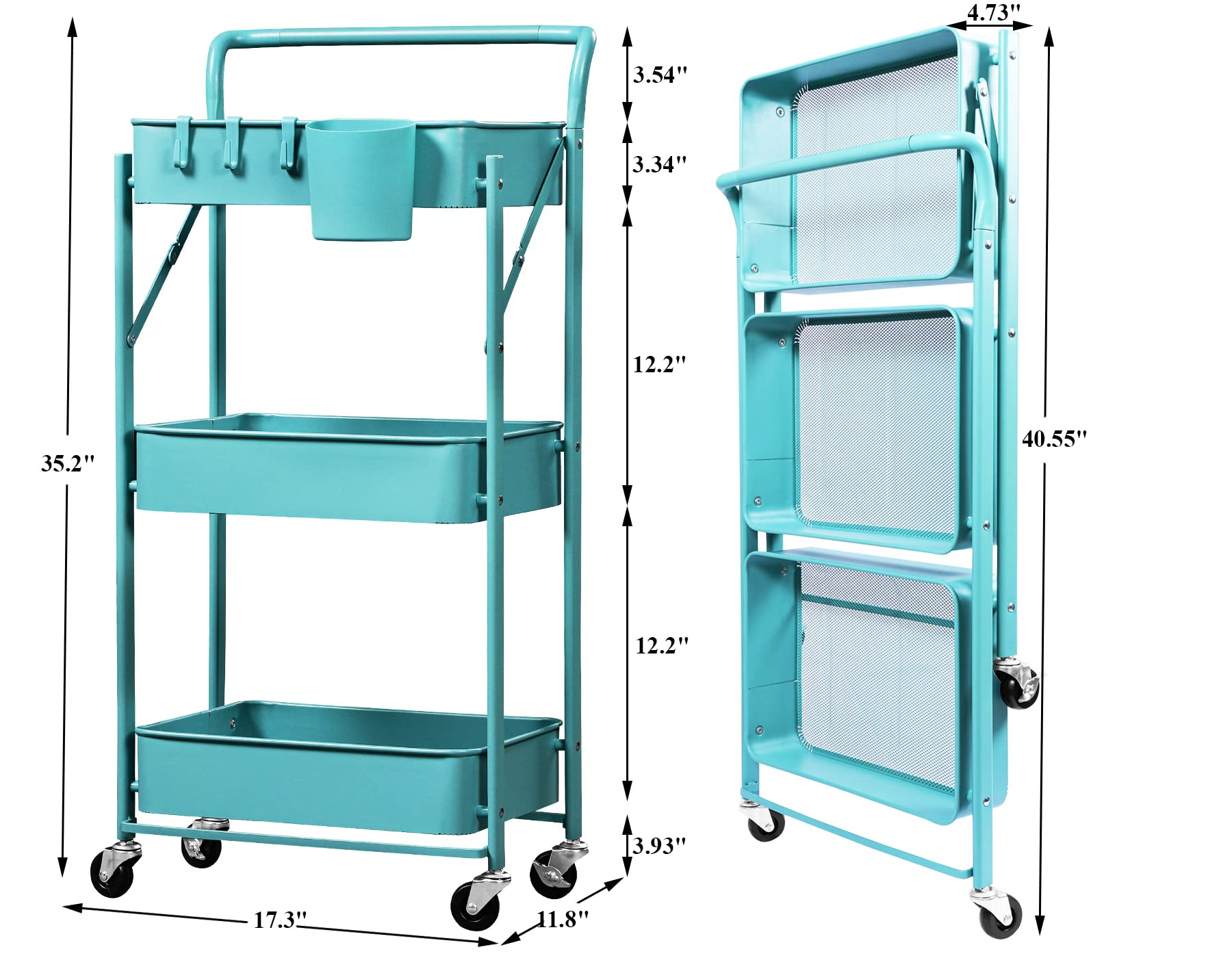 Foldable Storage Cart 3 Tier Rolling Cart with Wheels No Assemble Required Metal Utility Kitchen Cart Folding Shelves for Storage and Organizer for Classroom, Bedroom