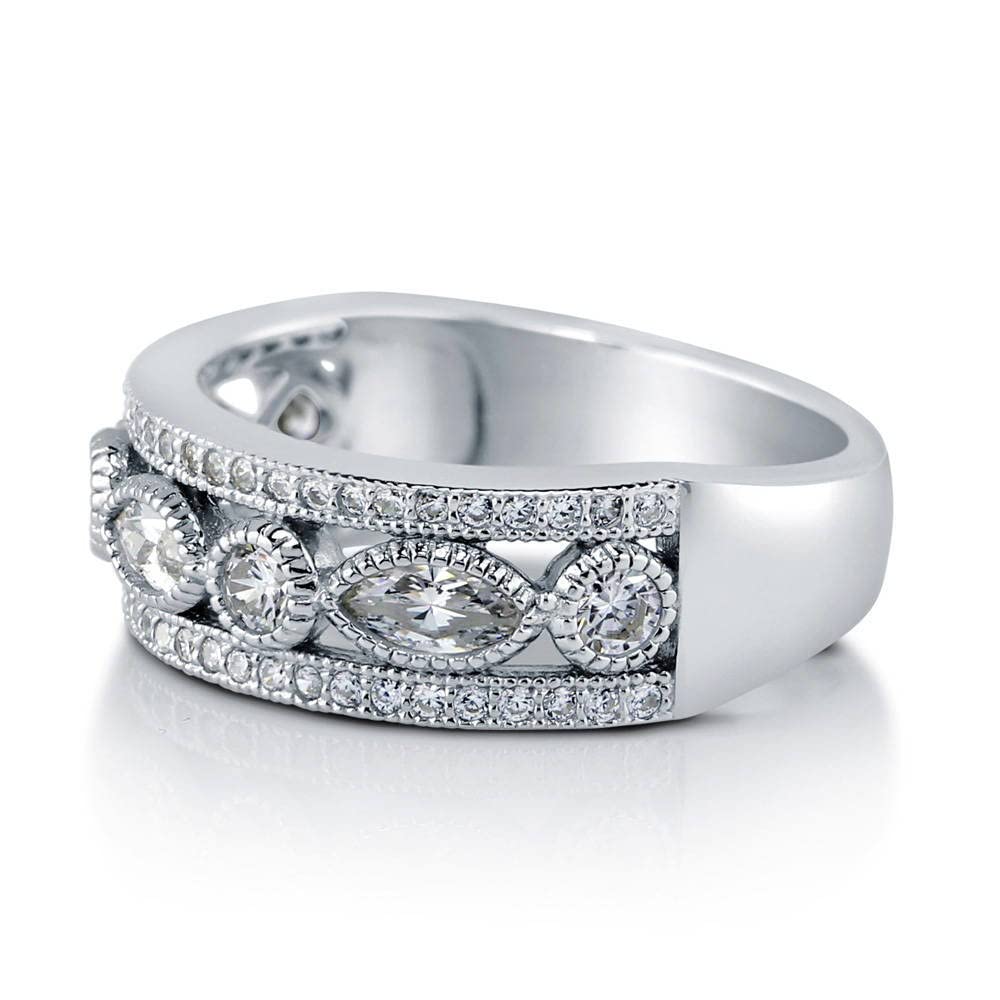BERRICLE Sterling Silver Art Deco Wedding Rings Milgrain Bezel Set Cubic Zirconia CZ Anniversary Half Eternity Ring for Women, Rhodium Plated Size 7.5