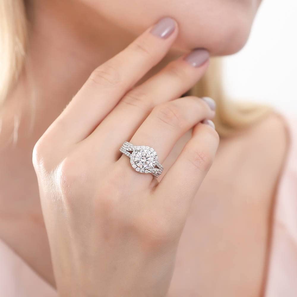 BERRICLE Sterling Silver Halo Wedding Engagement Rings Round Cubic Zirconia CZ Ring for Women, Rhodium Plated Size 7
