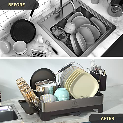 Genteen Extra Grey 360° Swivel Spout Replacement and Large Dish Drying Rack with Drainboard Set Black