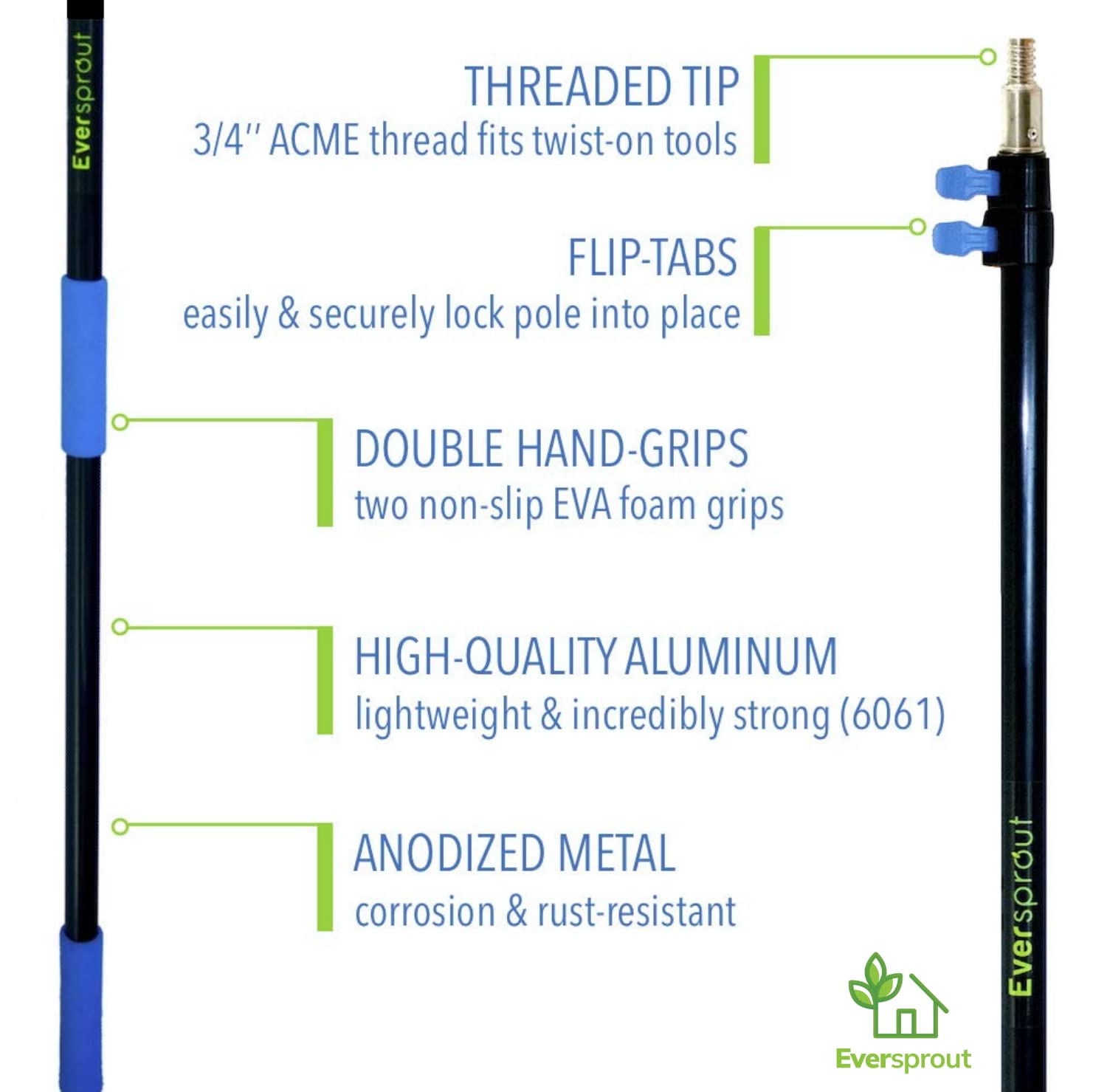 EVERSPROUT 5-to-12 Foot Telescopic Extension Pole, Lightweight Sturdy Aluminum Telescoping Pole, Easy Flip-Tab Lock Mechanism Telescopic Pole, Twist-On Metal Tip Paint Roller Extension Pole