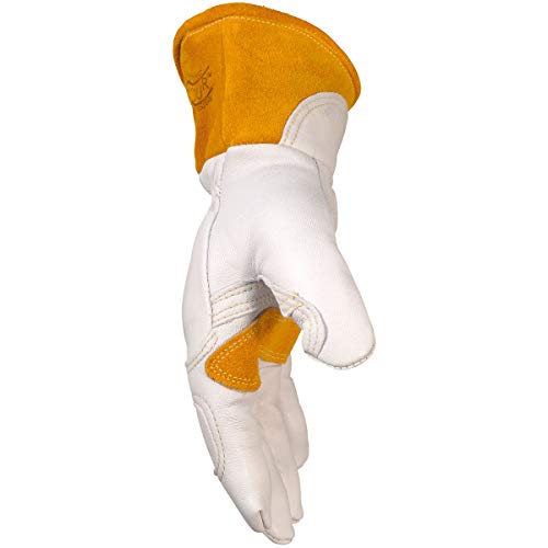 Caiman Premium Goat Grain TIG/MIG Welding Gloves with Wool Insulated Back, Scalloped Cuff, Boarhide Palm, Unlined, Reinforced Thumb, Kevlar, Kontour Design, White/Gold, Medium (1871-4)