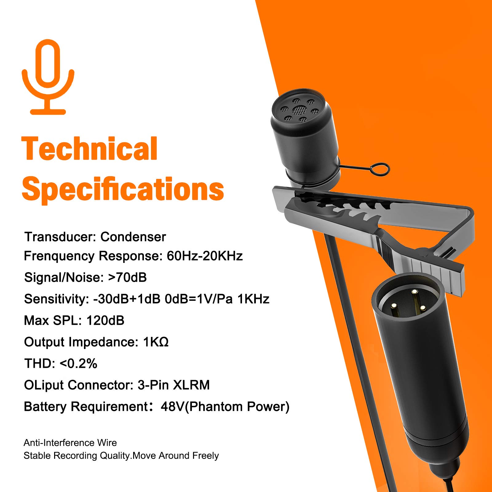 Tendak XLR Lavalier Microphone, Omnidirectional Lapel Mic, Phantom Power with Metal Lapel Clip and Windscreen Accessories Compatible with Canon Sony Panasonic Camcorders for Interview YouTube