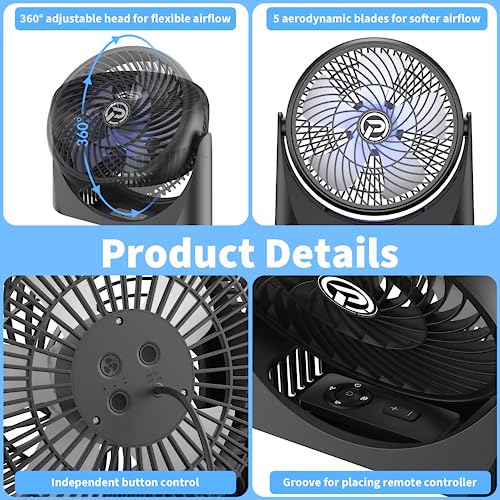 PELANZENHAU 8 inch Table Fan with Remote, USB Powered Desk Fan with RGB Light & Timer, 3 Strong Speeds & 360° Pivot Adjustable, Desktop Air Circulator Fan for Home Office Dorm RV Bedroom Travel