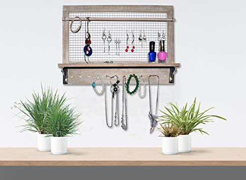 Spiretro Jewelry Organizer, Wall Mount Jewelry Holder Rack with Hooks Shelf and Removable Rod, Hanging Earrings Necklaces Bracelets Rings, Storage Accessories, Rustic Wood_Grey