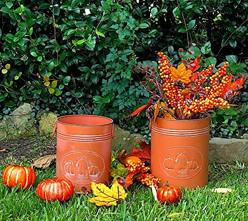 DNS Happy Harvest Buckets Large Metal Galvanized Burnt Orange Pumpkin Theme Containers Thanksgiving Fall Decorative Organizer (Set of 2) 9.2" & 8.8"