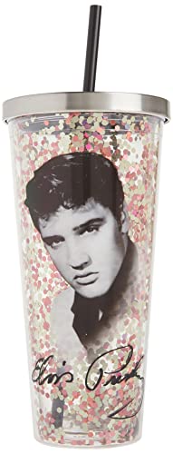 Spoontiques - Glitter Filled Acrylic Tumbler - Glitter Cup with Straw - 20 oz - Stainless Steel Locking Lid with Straw - Double Wall Insulated - BPA Free - Elvis Presley