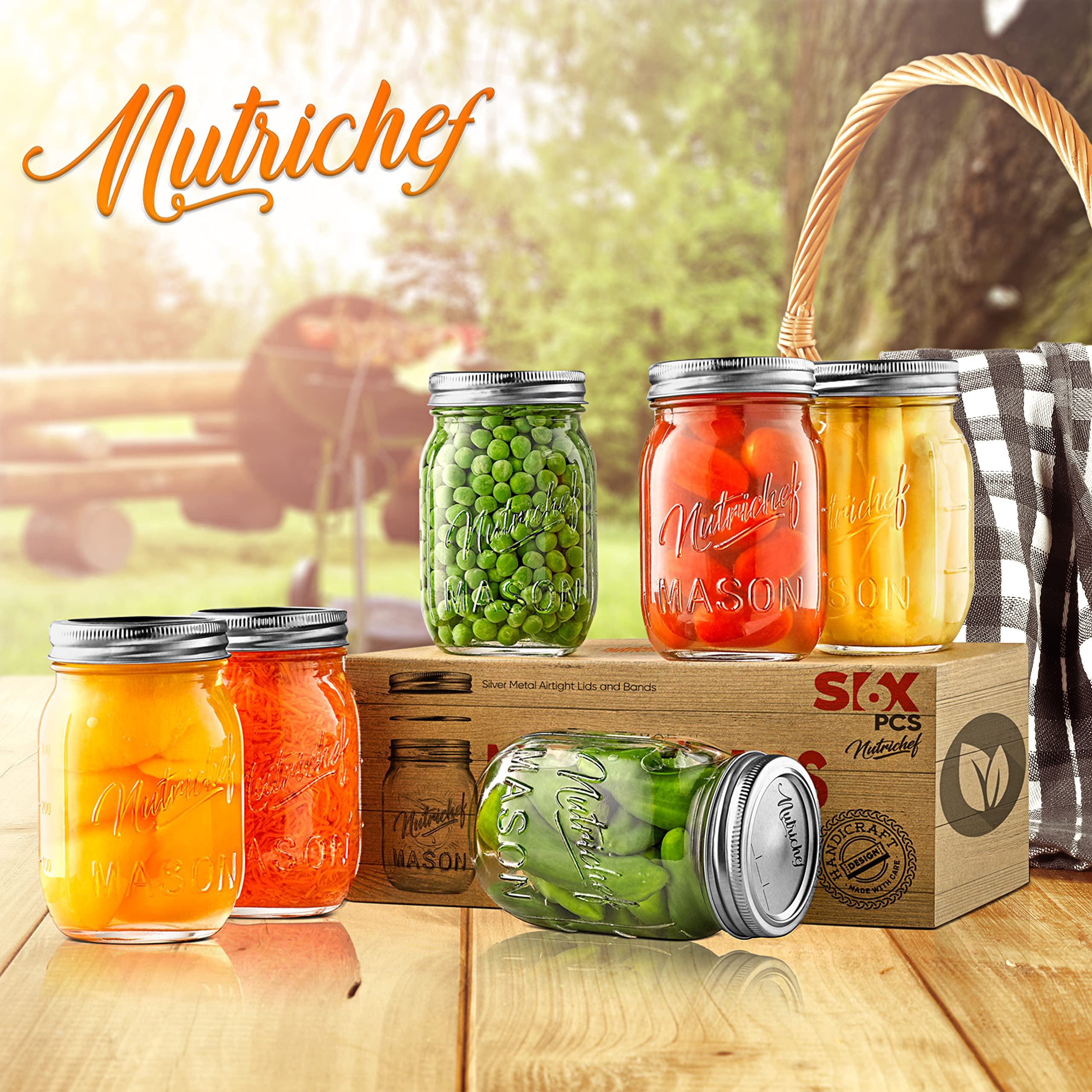NutriChef 6-Pack 16 oz Mason Jars with Lids - Thick Glass Canning Jars with Stainless Steel Lids - Ideal for DIY Spices, Meal Prep, Overnight Oats, Jelly, Jam, Honey, Candles, Crafts, & More