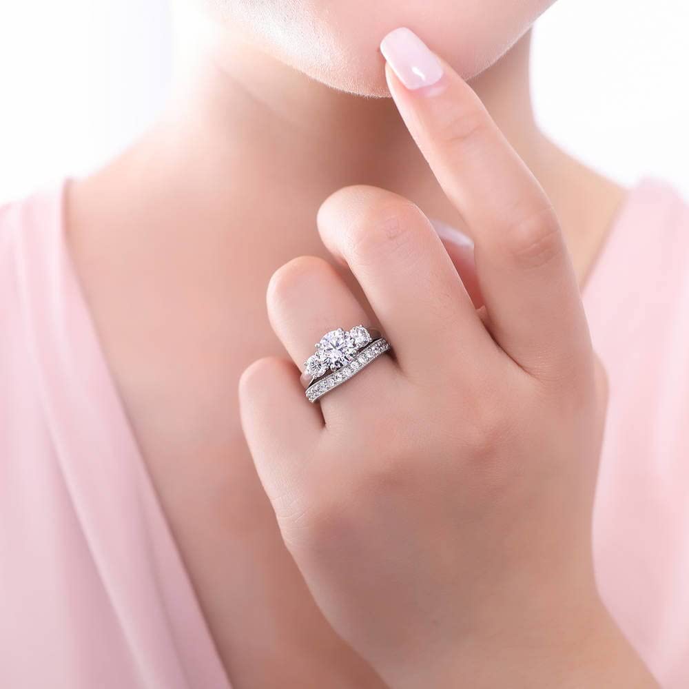 BERRICLE Sterling Silver 3-Stone Wedding Engagement Rings Round Cubic Zirconia CZ Ring Set for Women, Rhodium Plated Size 5.5