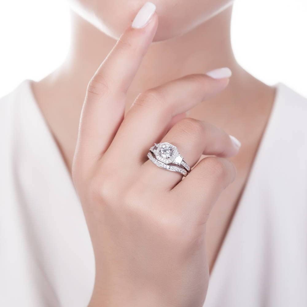 BERRICLE Sterling Silver Halo Wedding Engagement Rings Round Cubic Zirconia CZ Art Deco Ring Set for Women, Rhodium Plated Size 7.5