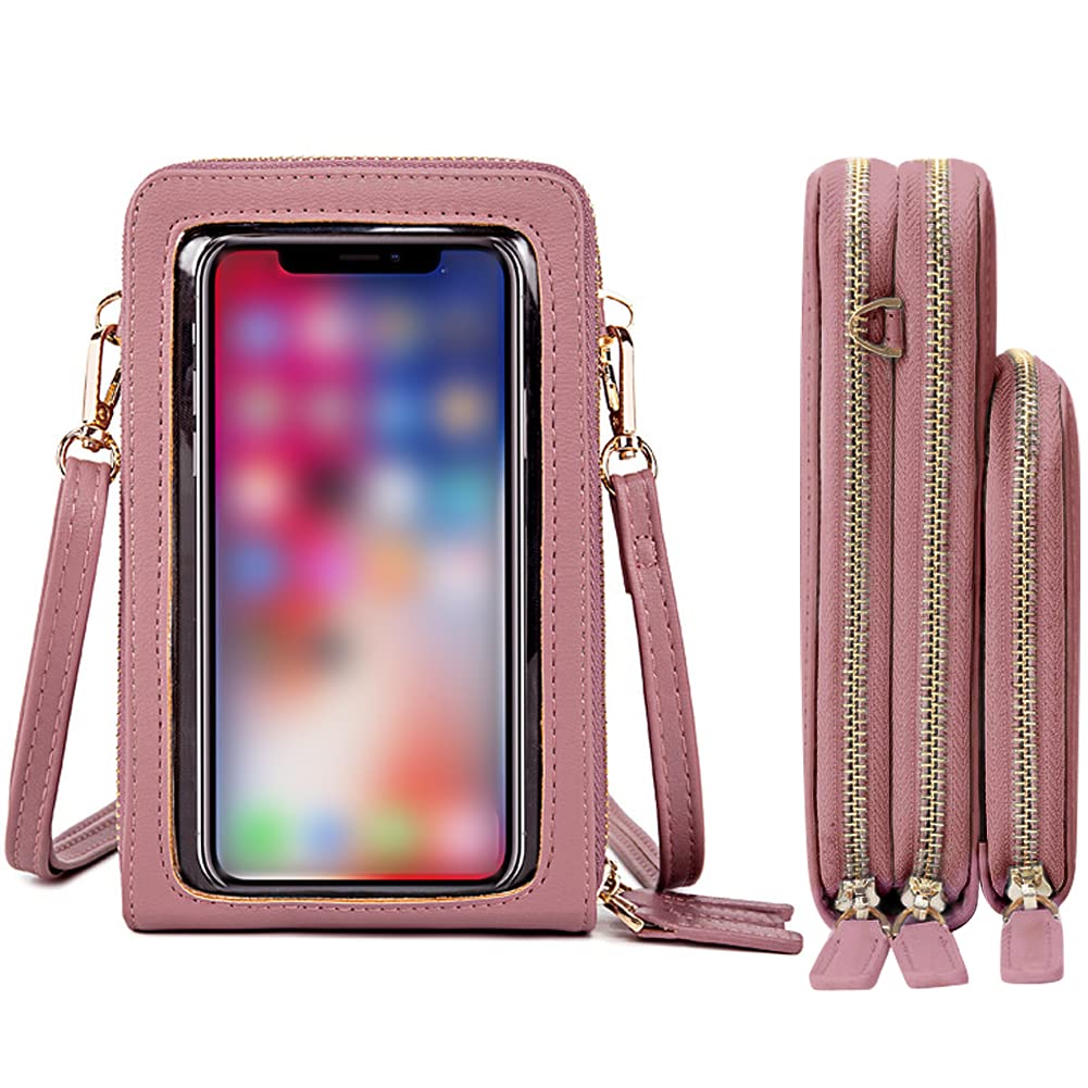 Lightweight PU Leather Phone Purse with Touchscreen Window & 2 Straps (Pink)