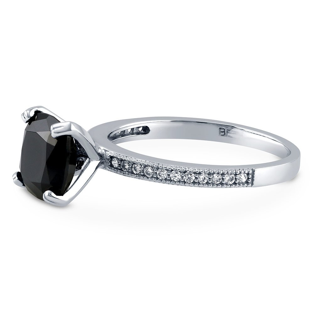 BERRICLE Sterling Silver Solitaire 3 Carat Black Cushion Cut Cubic Zirconia CZ Fashion Ring for Women, Rhodium Plated Size 7