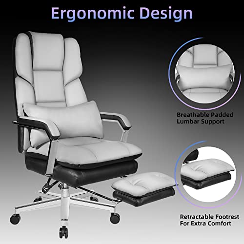 SeekFancy Reclining Office Chair with Footrest, Big and Tall Office Chair 500lbs Wide Seat with 170°Backrest, High Back Leather Managerial Chair Lumbar Support,Grey Executive Office Chair Set of 8