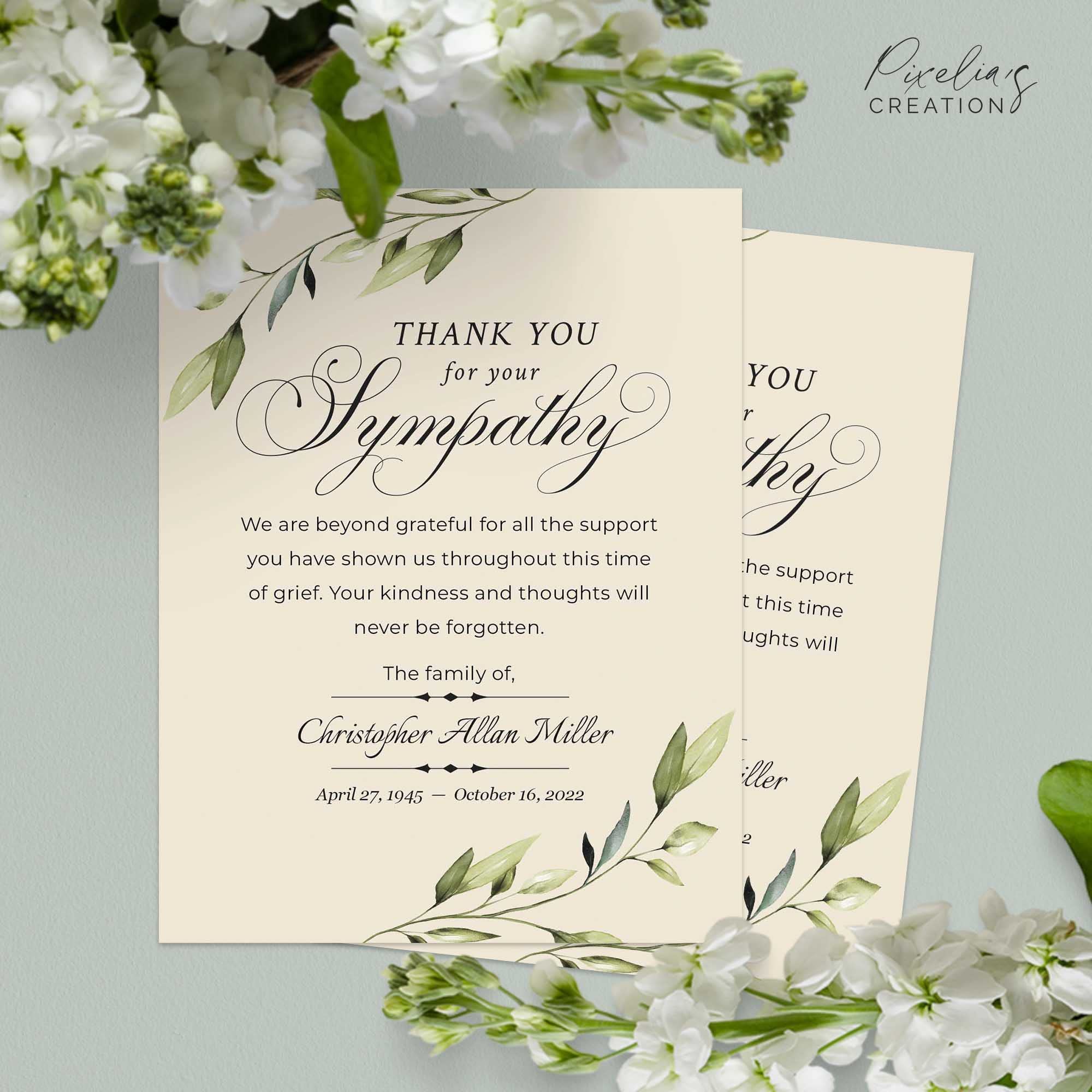 Greenery personalized sympathy thank you notes, Funeral thank you cards with envelopes.