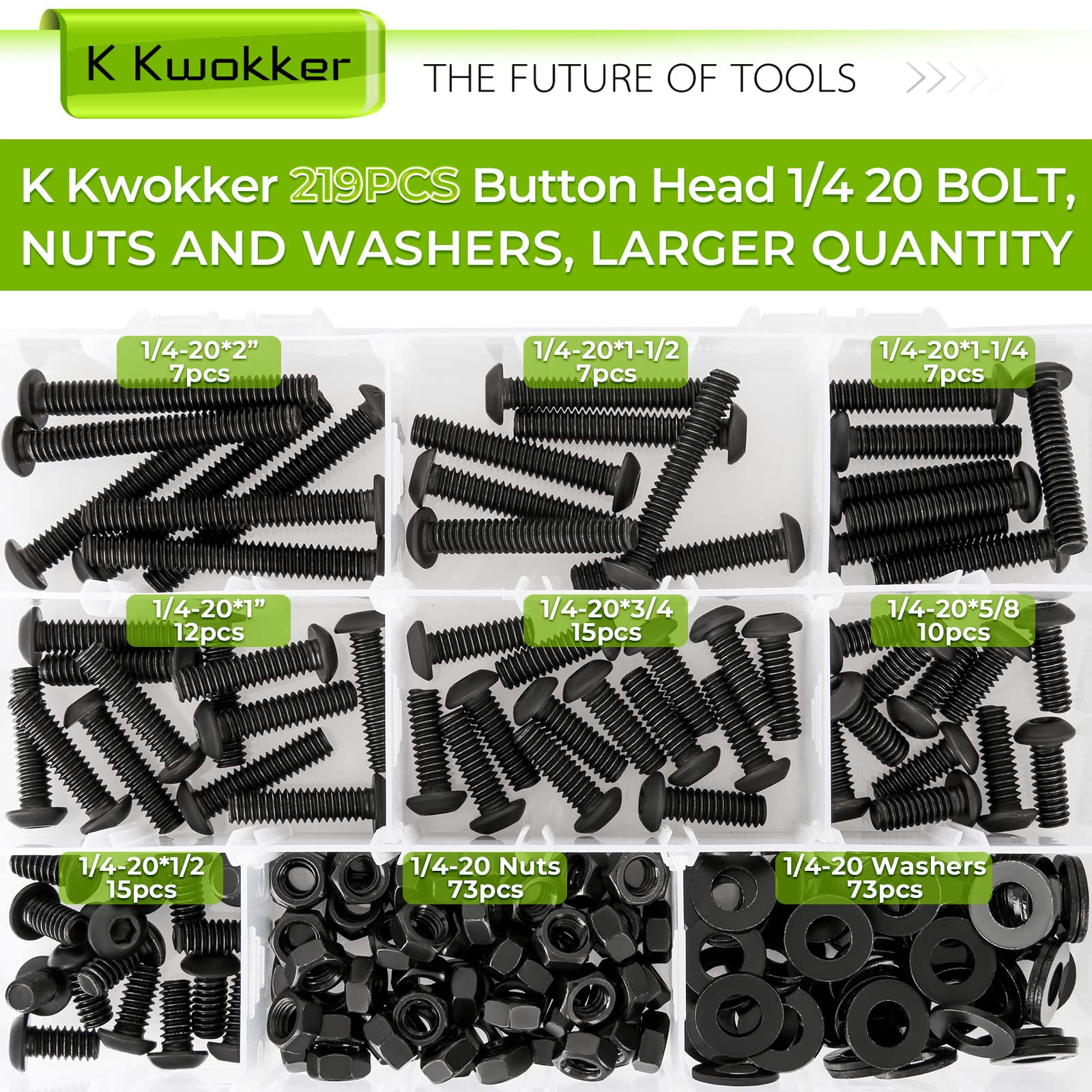 K Kwokker 1/4 20 Bolt and Nuts, 7 Sizes are 2", 1-1/2", 1-1/4", 1", 3/4", 5/8", 1/2", Button Head Hex Socket Cap Screws, Black, Full Machine UNC Thread, with Washers for Screws, 219Pcs Totally