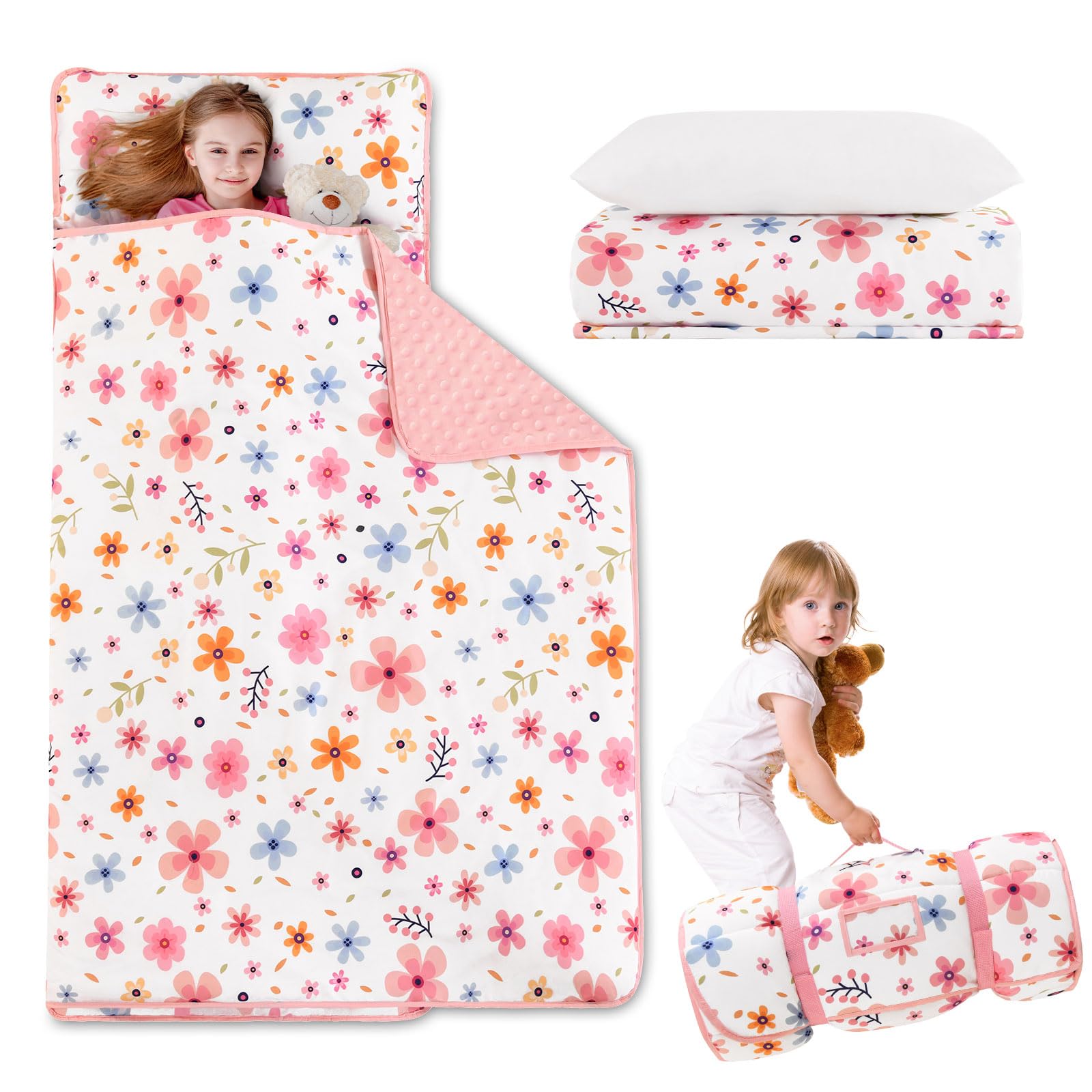 Cozyholy Toddler Nap Mat with Pillow and Blanket Colorful Floral Fleece Kindermat Girls Nap Mats for Preschool Daycare Soft Kids Sleeping Bag Portable Sleeping Mat Toddler Cot Bed for Travel Camping