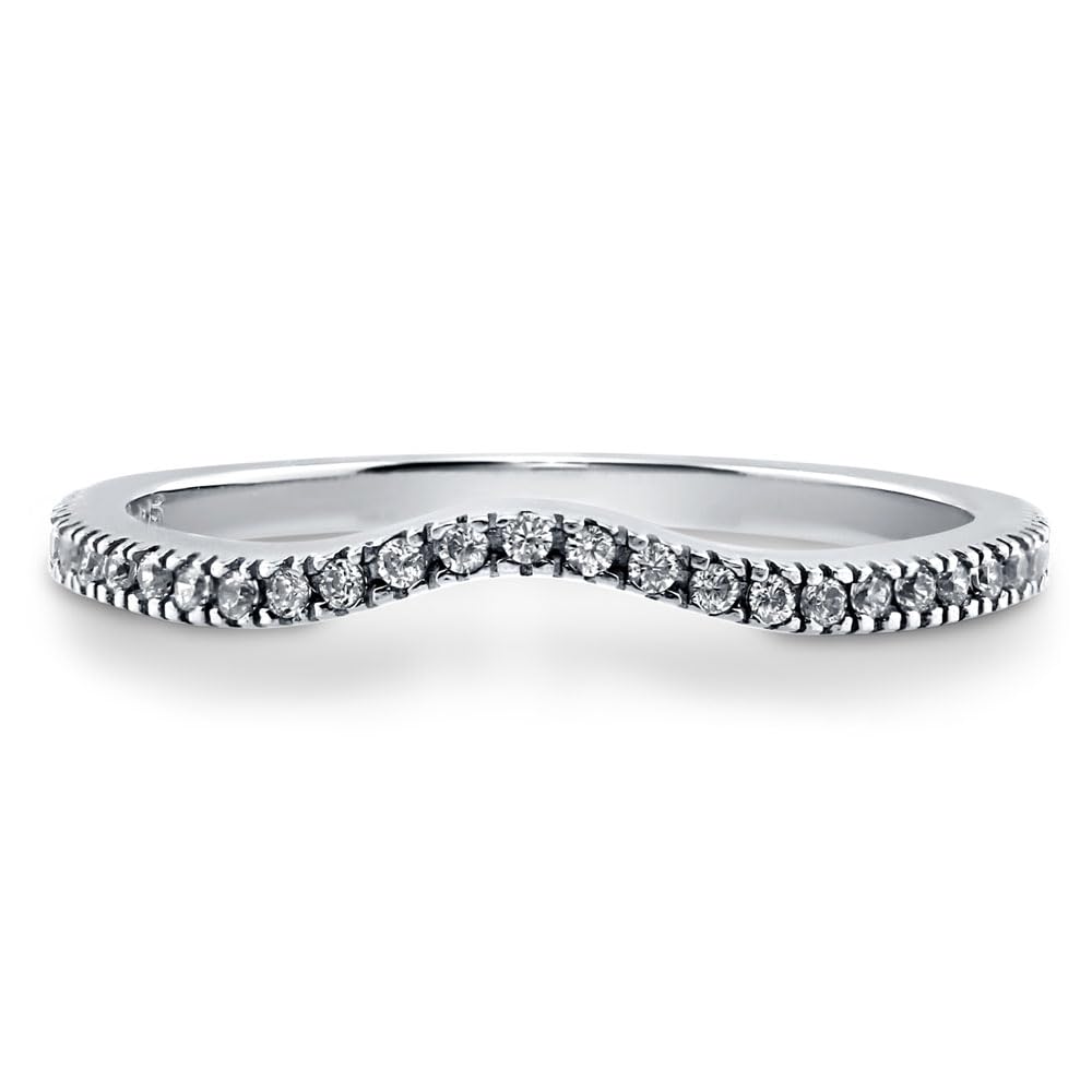 BERRICLE Sterling Silver Wishbone Wedding Rings Micro Pave Set Cubic Zirconia CZ Curved Half Eternity Ring for Women, Rhodium Plated Size 6.5