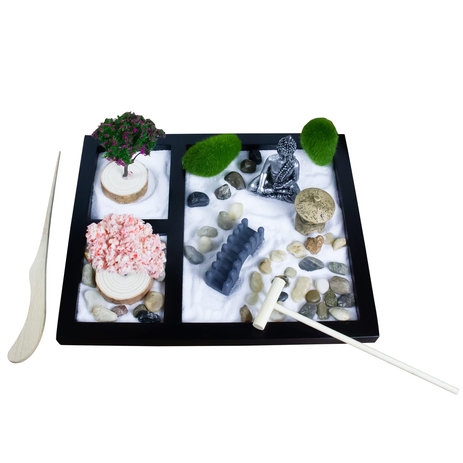 KVMORZE Zen Garden Kit, Japanese Zen Garden with White Sand, 2 Tools, 8 Zen Accessories, Tabletop Meditation Zen Garden for Home, Office, Yoga Decor, Gifts for Relaxation and Meditation, 8.5x6.9in