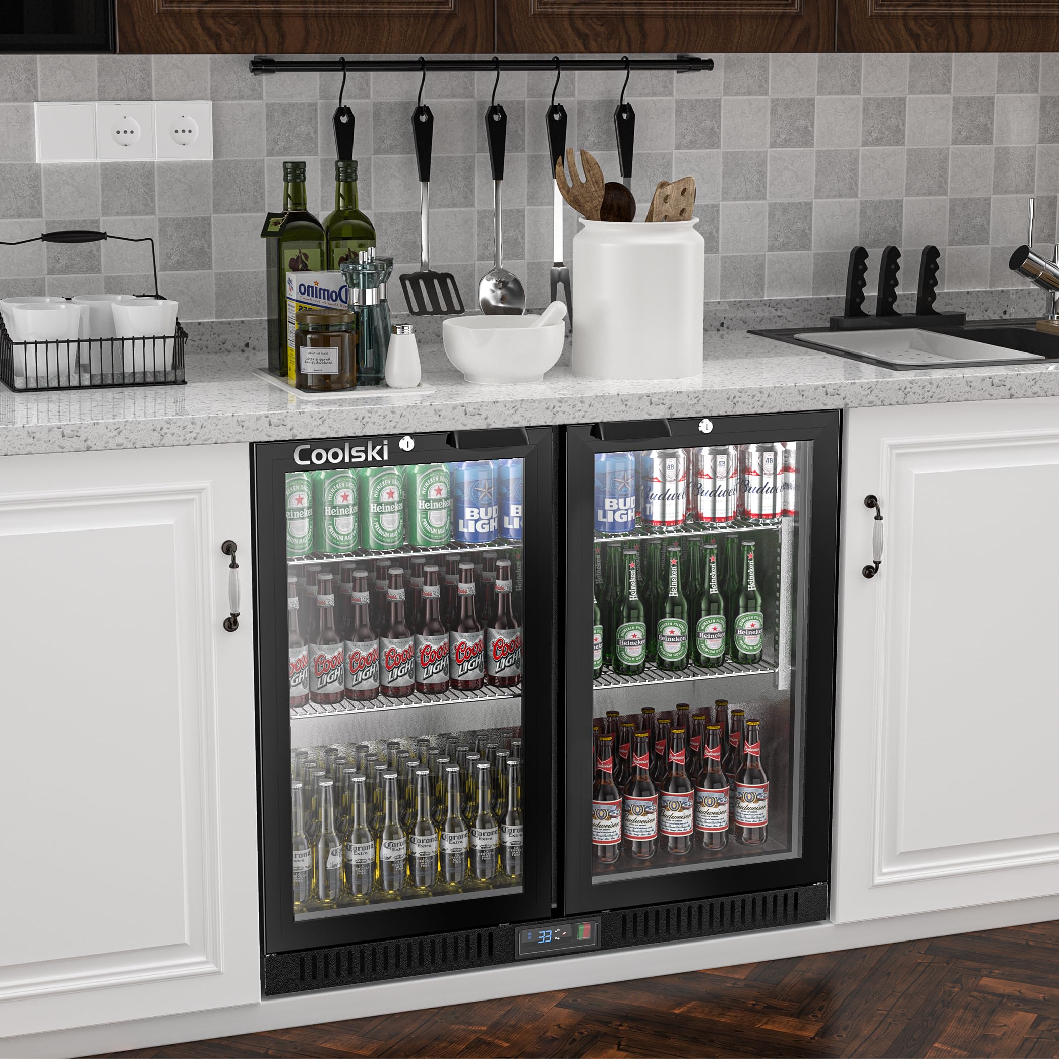 Coolski Beverage Refrigerator, 24 Inch Under Counter Beverage Fridge, 180 Cans Built-In or Freestanding Beverage Cooler with Glass Door for Home Bar Kitchen, ETL, DOE, NSF Approved