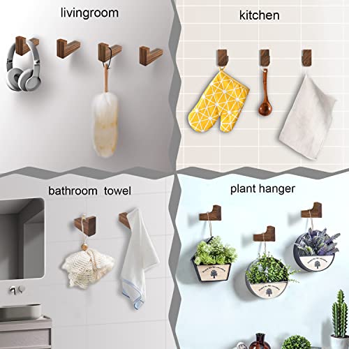 EDEGG Wood Wall Hooks, 4 Packs of Coat Rack Wall Mount, Rustic Wooden Hooks, Unique L-Shape Walnut Hooks for Hanging Coats, Towel, Hat, Scarfs, Jackets, Backpack