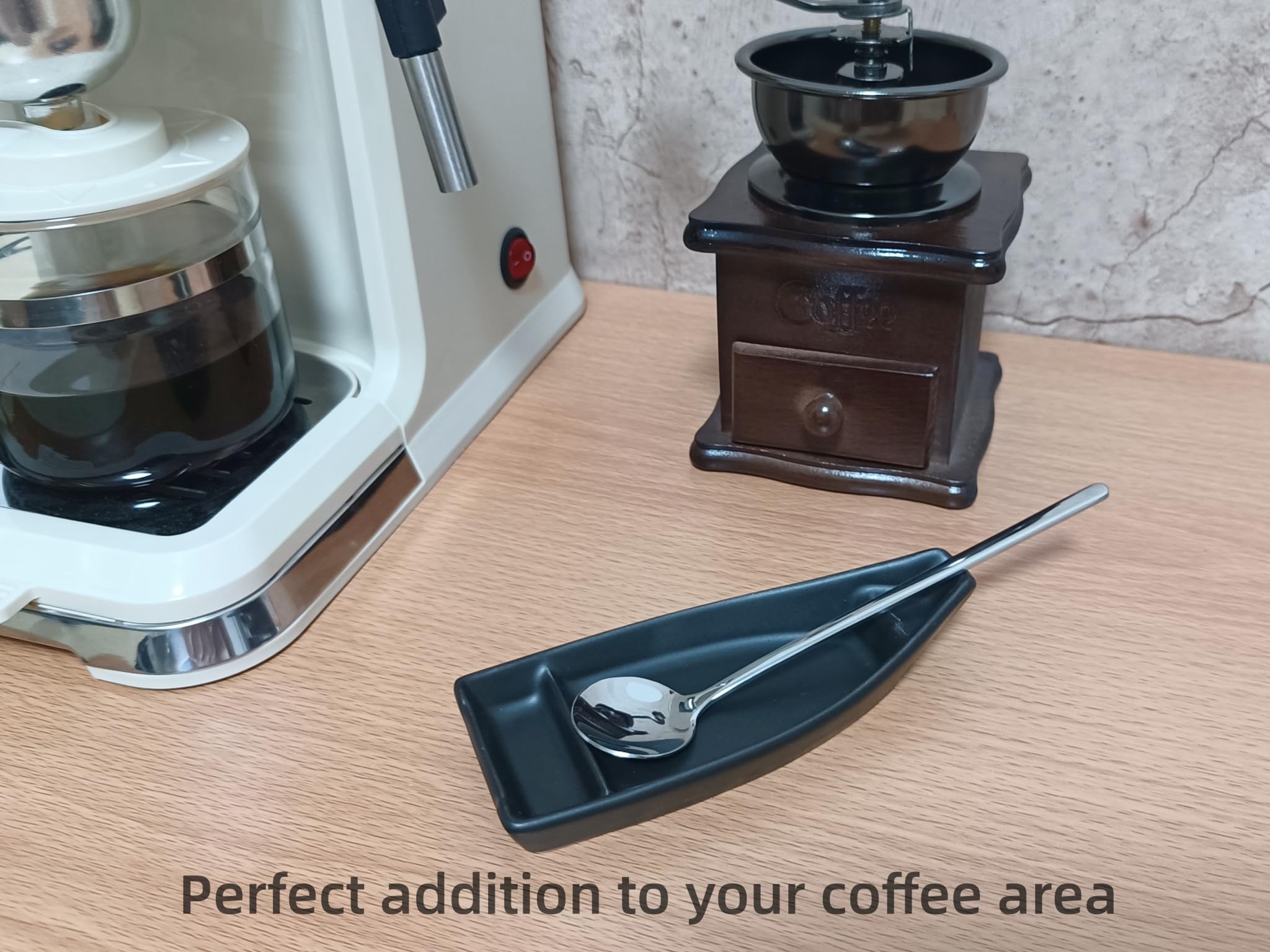 Coffee Spoon and Rest for Coffee Bar, Boat Small Spoon Rest for Coffee Station, Coffee Spoon Holder for Coffee Bar, Tea Spoon Rest Teaspoon Rest with Spoon (Matte Black + Round Spoon)