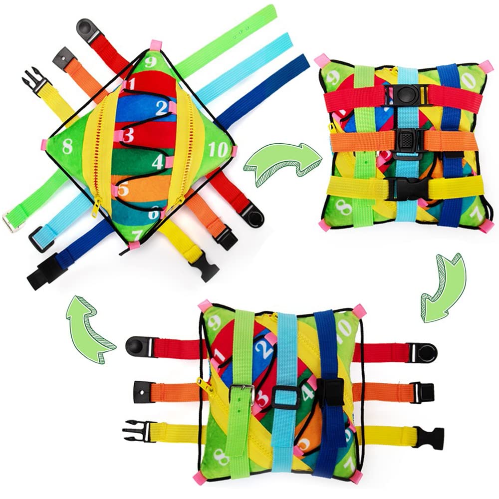 teytoy Sensory Buckle Pillow for Toddler Children Learning Fine Motor Skill & Problem Solving Buckles Educational, Montessori Fidgets Travel Toy for Kids Plush Threading Counting Zipper-12 Basic Skill