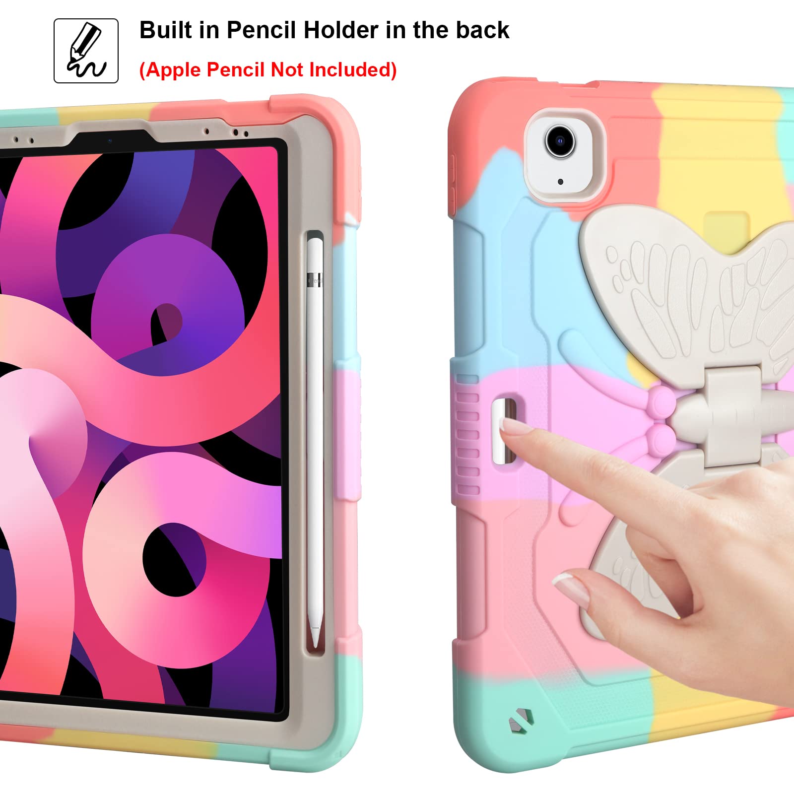 for iPad Air Case 5th/4th Gen 10.9 Butterfly Kickstand Pencil Holder, iPad Pro 11 Cases 3rd 2nd (2021/2020/2018) 2 in 1 Heavy Duty Rugged Cover Kids Girls for iPad Air 4th/5th(2022)/iPad Pro 11-Pink