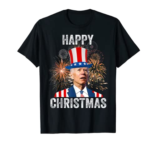 Xmas Merry Christmas Funny Happy 4th Of July Anti Joe Biden T-Shirt