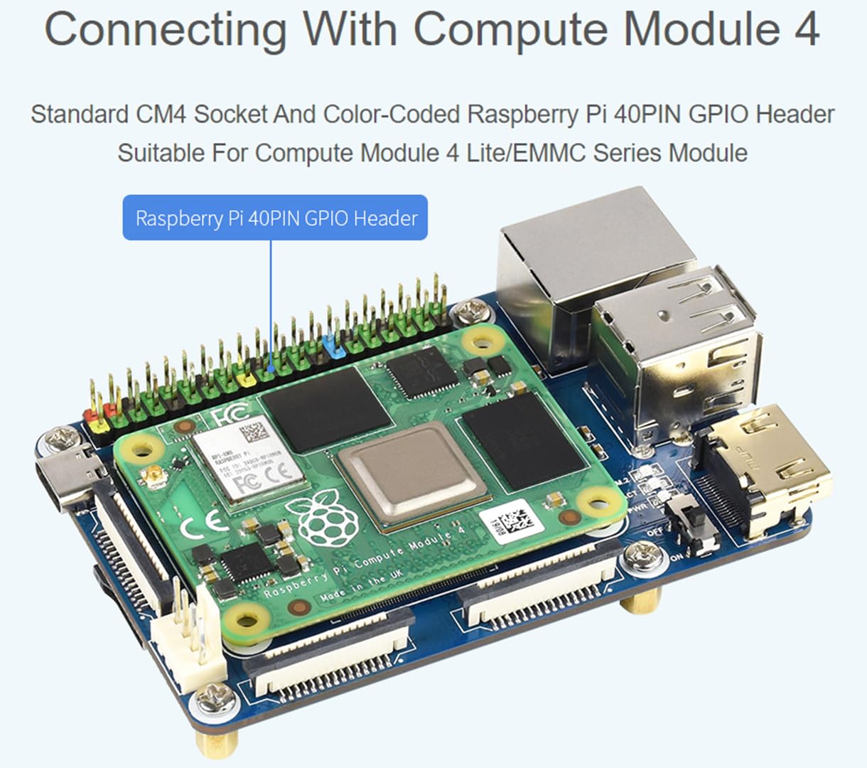 for Raspberry Pi Compute Module 4,Mini Base Board (A) with Standard CM4 Socket and Raspberry Pi 40PIN GPIO Header Onboard Multiple Connectors CSI/DSI/FAN/HDMI/USB/RJ45, etc.