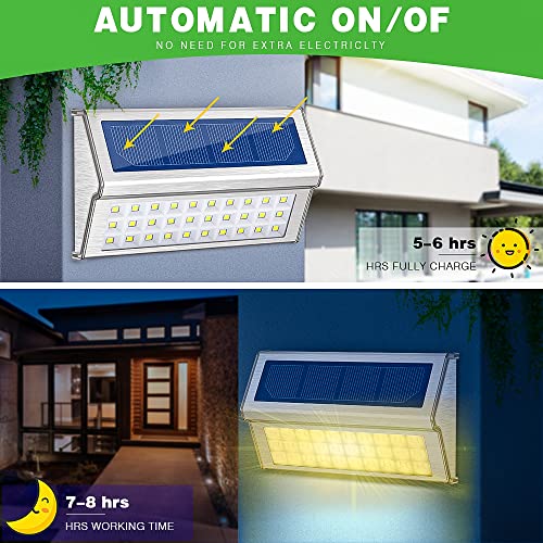 DBF 30 LED Solar Step Lights Outdoor【6 Pack-Warm White】 Stainless Steel Bright Solar Deck Lights Waterproof Solar Stair Lights with Auto On/Off Solar Lights for Decks Steps Fence Patio Yard Pathway