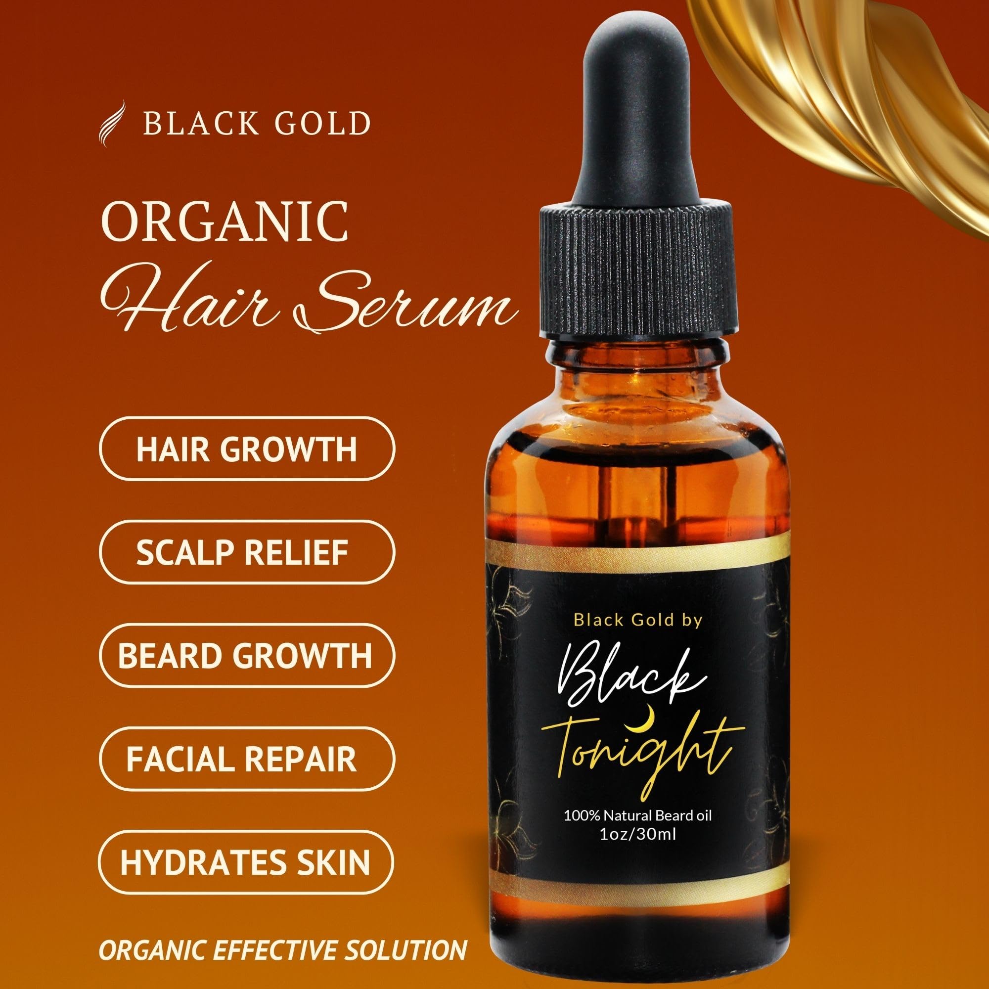 Black Tonight Premium Beard Oil β Organic Beard Growth Serum with Orange Citrus Scent β Luxury Beard & Hair Growth Serum that Softens, Conditions, Strengthens & Protects - 1oz